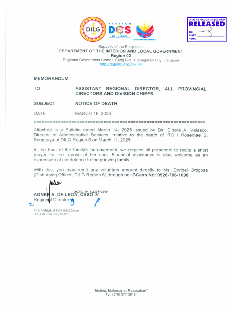 Memo To Ard, All PDS and DCS Re Notice of Death (Ito I Rosemae S. Songcuya of Dilg R6) | PDF