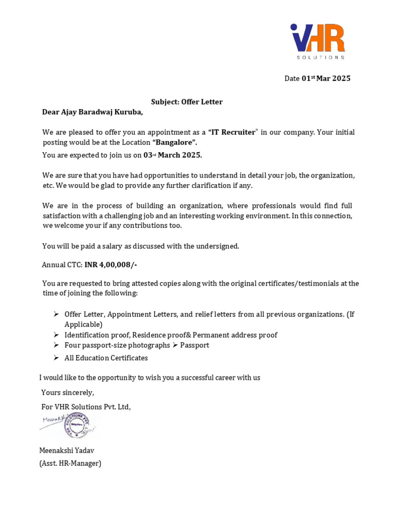 Offer Letter-Ajay Baradwaj Kuruba-VHR Solutions PVT LTD | PDF ...