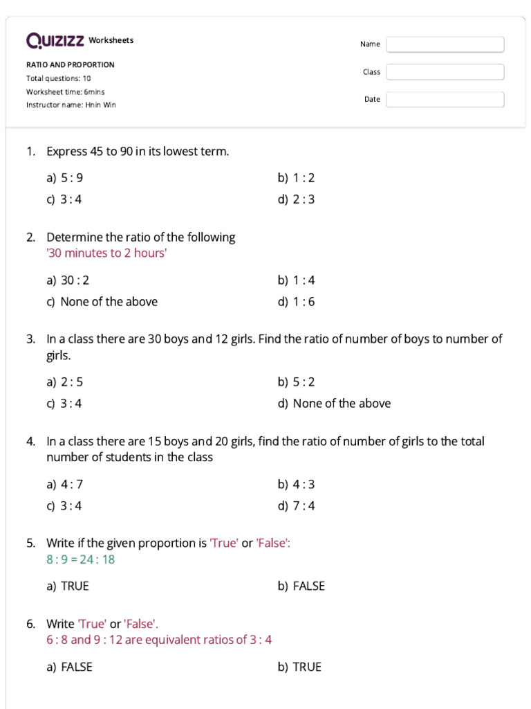 RATIO AND PROPORTION - Quizizz | PDF