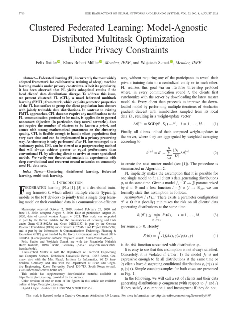 Clustered Federated Learning_ Model-Agnostic Distributed Multitask Optimization Under Privacy ...