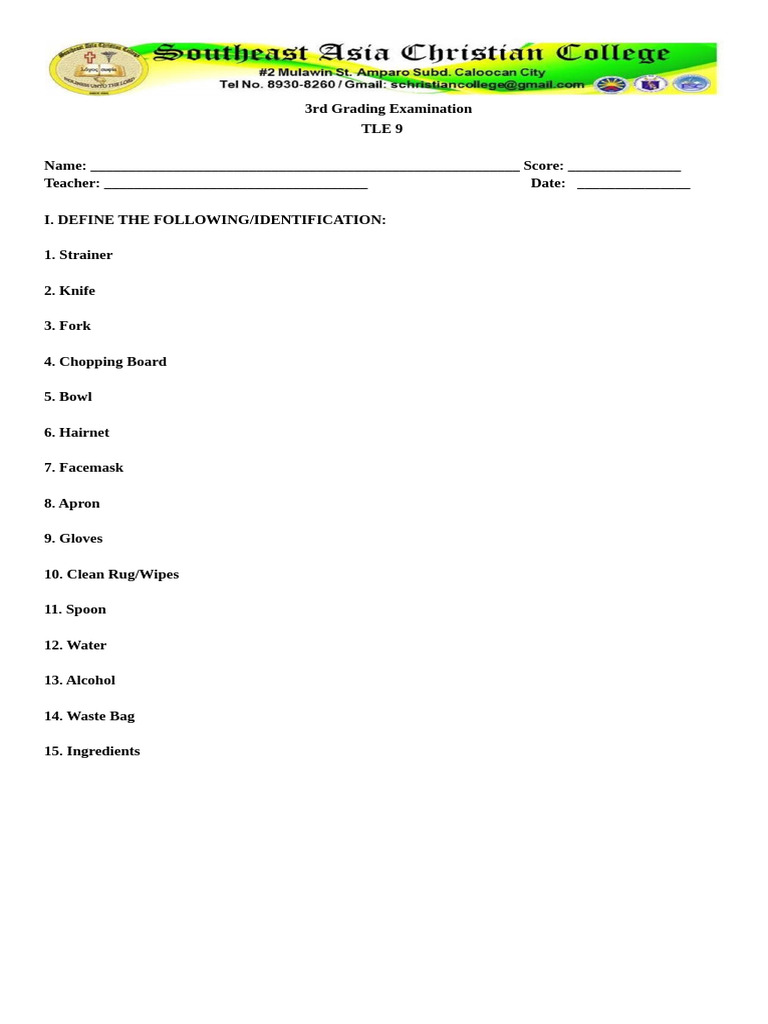 TLE Grade 9 3rd Monthly Examination | PDF