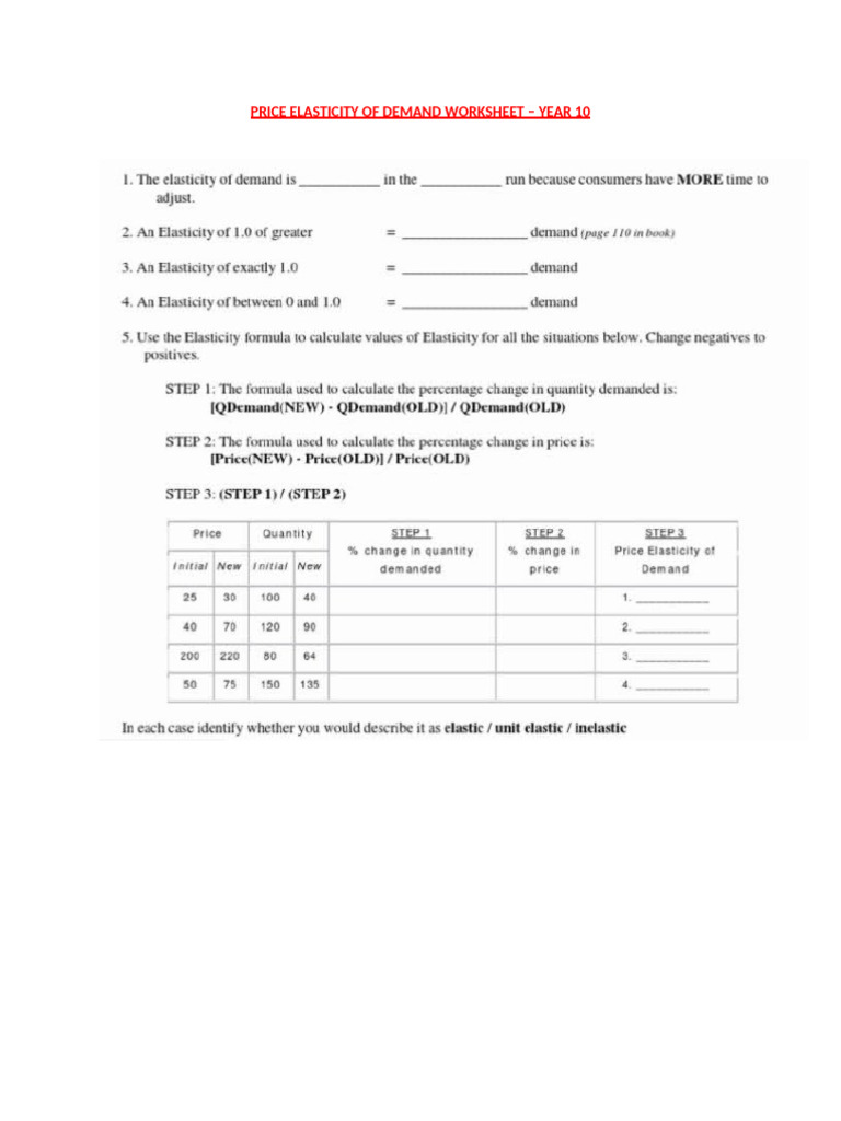 PRICE ELASTICITY OF DEMAND WORKSHEET Important | PDF