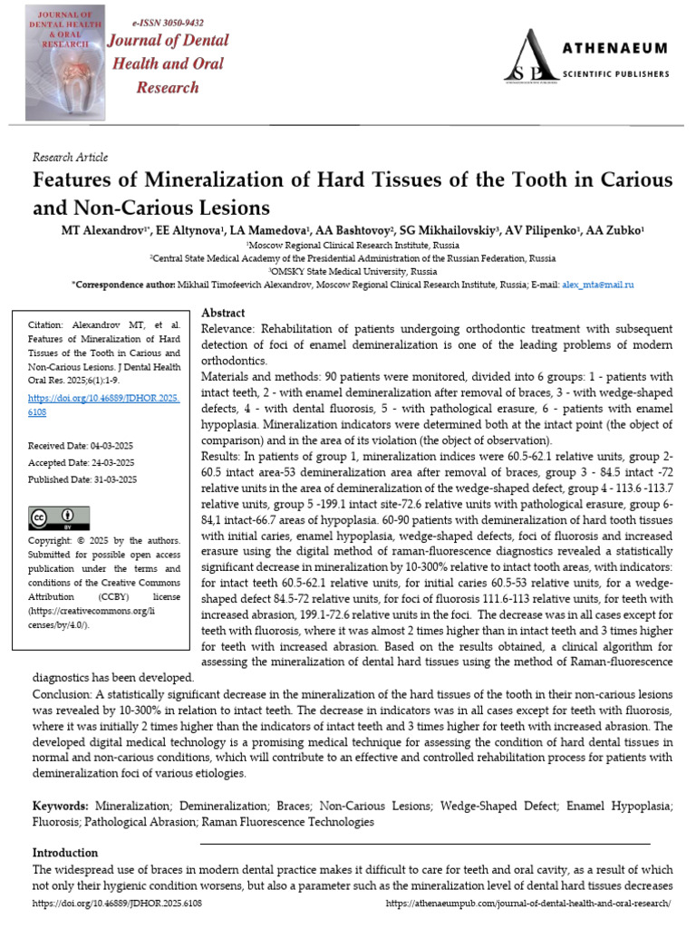 Features of Mineralization of Hard Tissues of The Tooth in Carious and ...