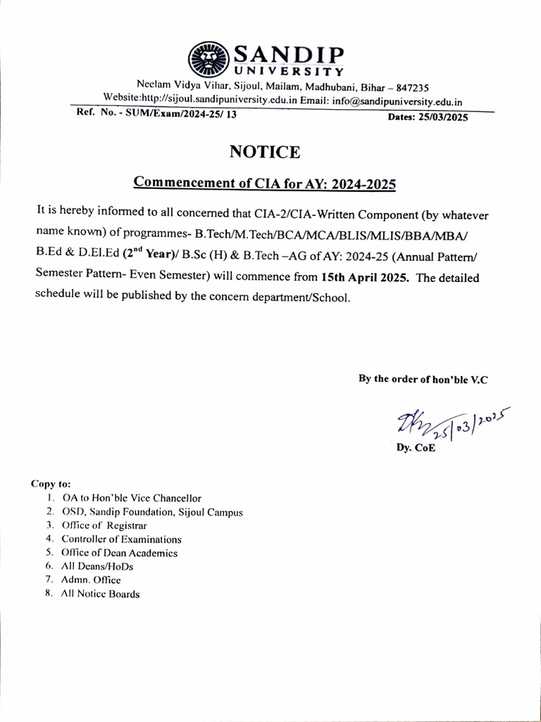 CIA Notice (2024-25 - Annual & Even Sem) | PDF