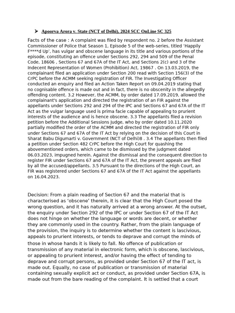 Apoorva Arora V. State (NCT of Delhi), 2024 SCC Online SC 325 | PDF | Obscenity | Appeal