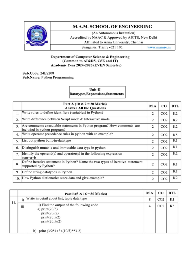 CIA-1 Questions For 2.5 Units - Python | PDF