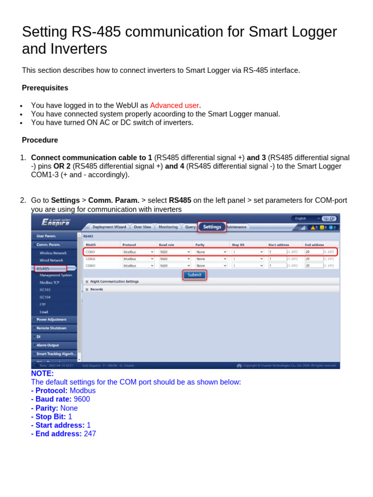 How To Set RS-485 Communication For Smart Logger and Inverters | PDF