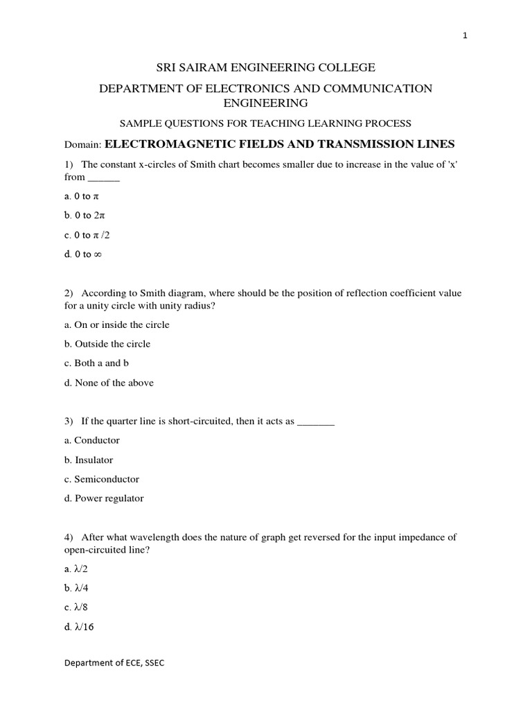 Sample Questions on Electromagnetic Fields | PDF | Transmission Line ...