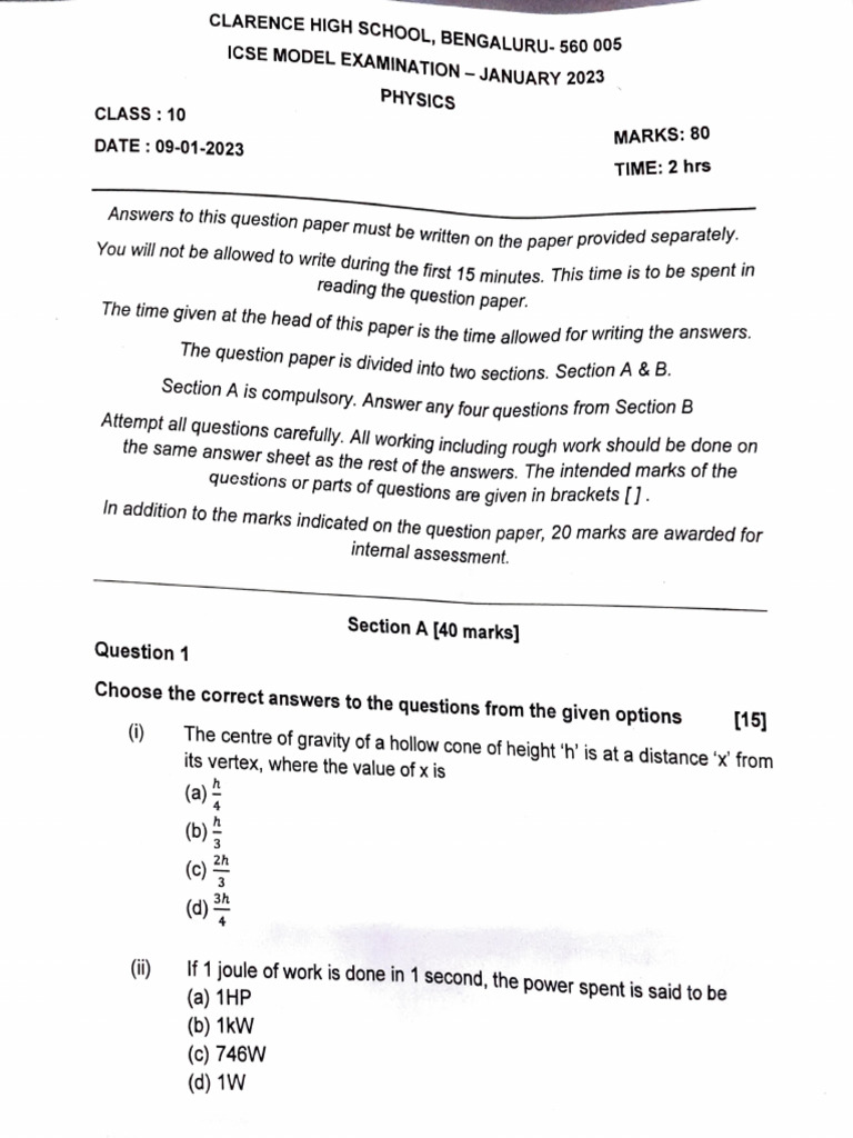 Clarence High School Physics Model Paper | PDF | Radiation | Refractive ...