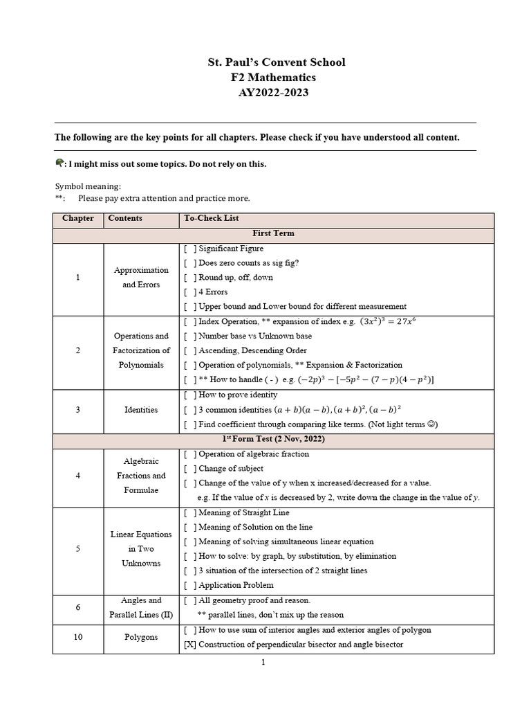 F2 Math Revision Outline | PDF | Triangle | Trigonometry