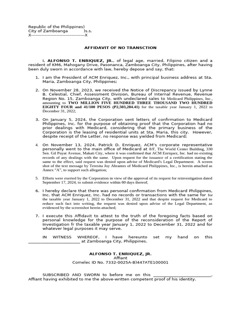 Affidavit of No Transaction with Medicard | PDF | Affidavit