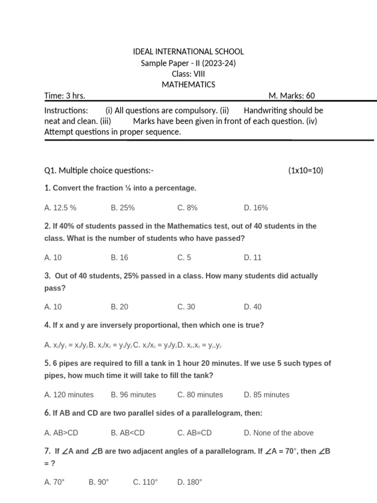 Sample Paper-2 Maths Class 8th | PDF | Mathematics