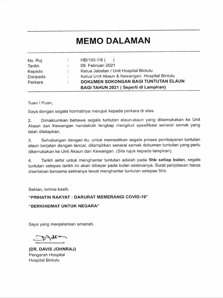 Memo Senarai Semak Tuntutan Elaun 2021 | PDF