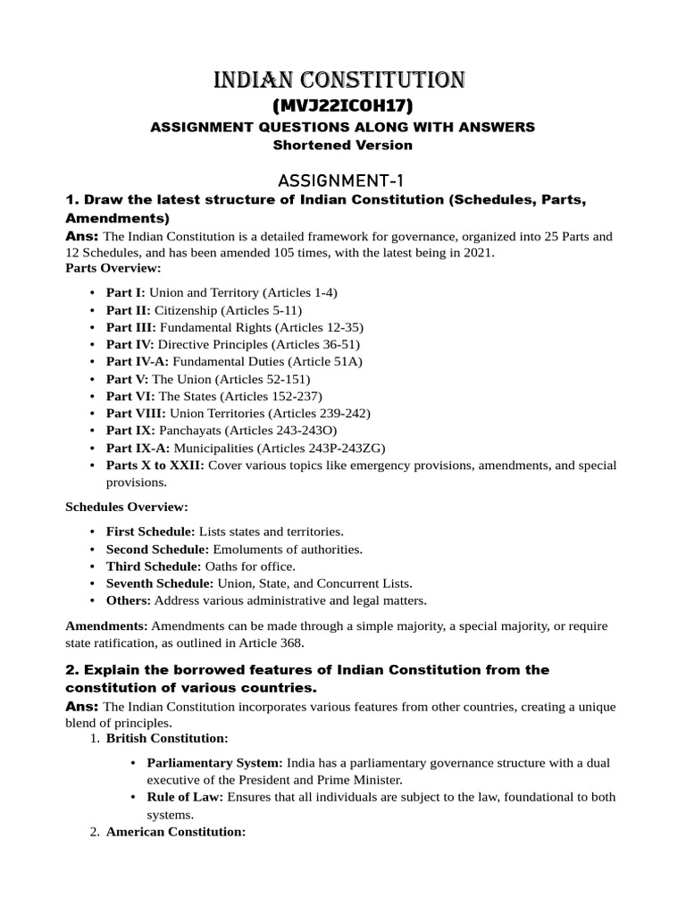 Indian Constitution ASSIGNMENT ANSWERS Shortened | PDF | Civil Liberties | Constitution