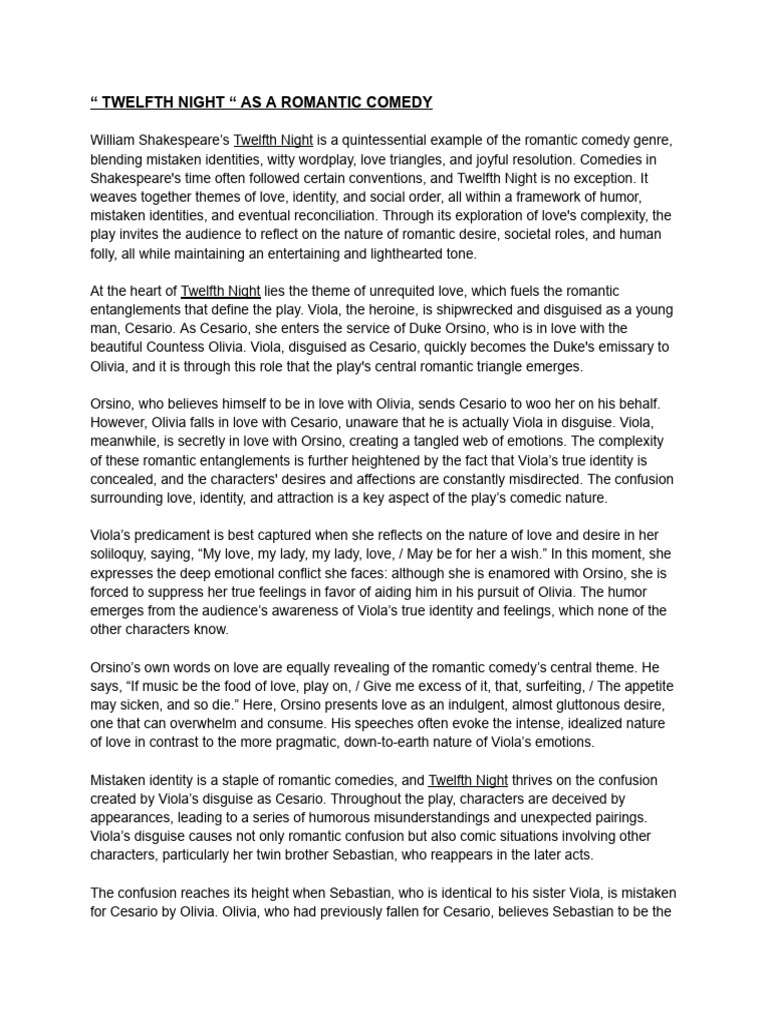 William Shakespeare's Play - Twelfth Night - As A Romantic Comedy | PDF ...