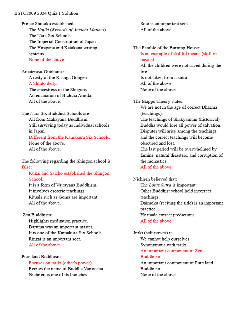 Sample BSTC 2009 Quiz 1 With Solution | PDF | Nichiren | Āstika