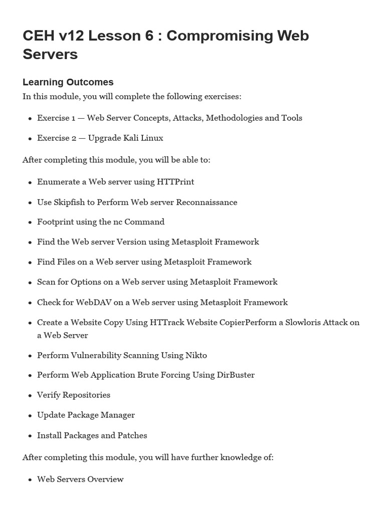 CEH v12 Lesson 6 - Compromising Web Servers | PDF | World Wide Web | Internet & Web
