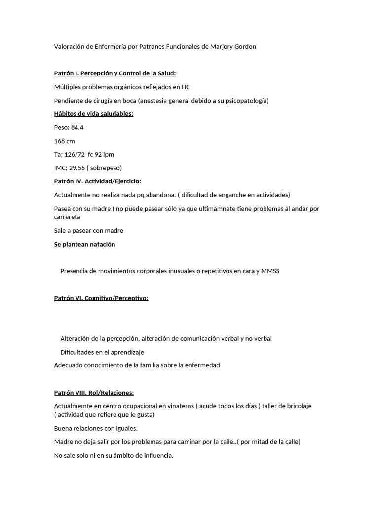 Valoración de Enfermería Por Patrones Funcionales de Marjory Gordon | PDF | Sicología | Ciencias ...