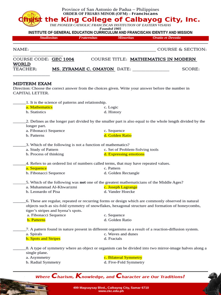 Midterm Exam in GEC 1004 | PDF | Numbers | Multiplication