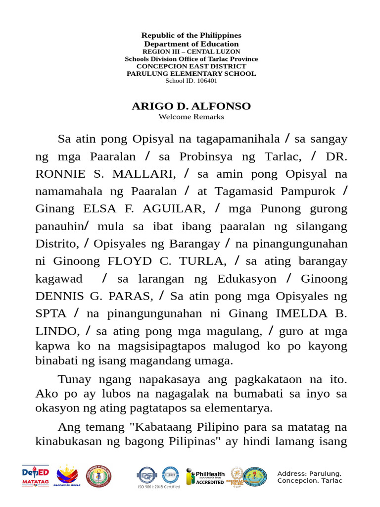 Arigo D. Alfonso Welcome Remarkas | PDF