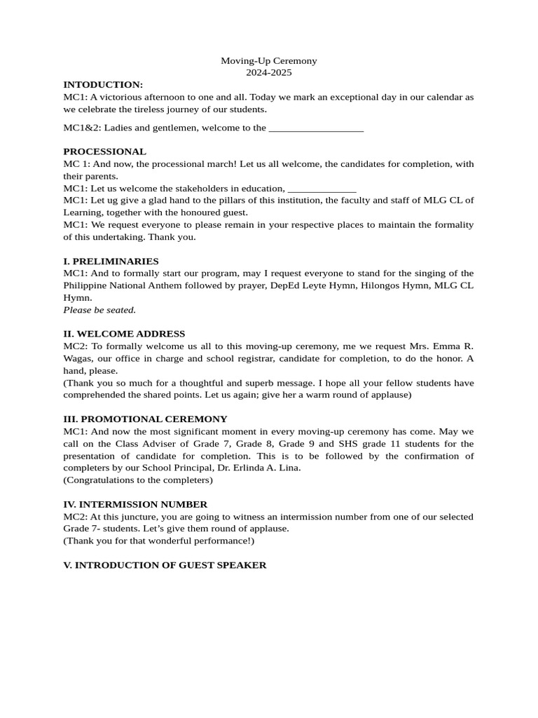 Moving Up Ceremony Script | PDF