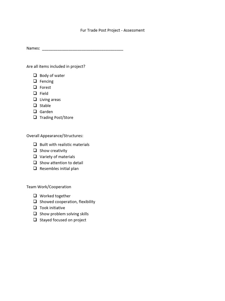 9- Fur Trading Fort Checklist | PDF