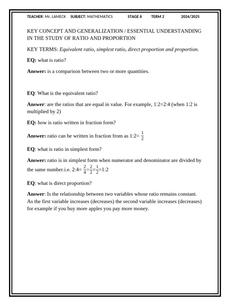 Key Concept and Generalization | PDF | Ratio | Percentage