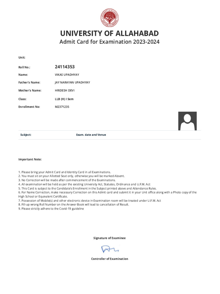 Allahabad University Admit Card 2023 | PDF