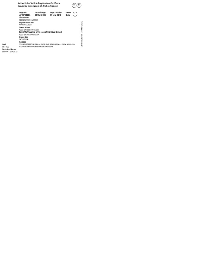 Andhra Pradesh Vehicle Registration Certificate | PDF