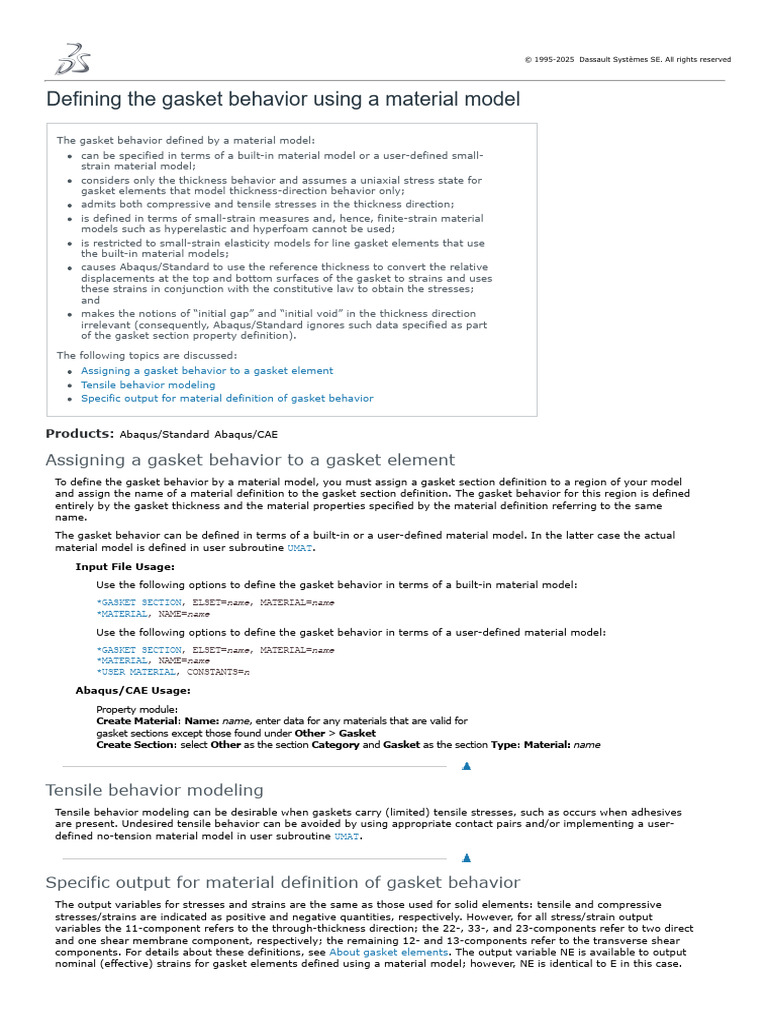 Defining The Gasket Behavior Using A Material Model - 2020 - Dssimulia - Established | PDF ...
