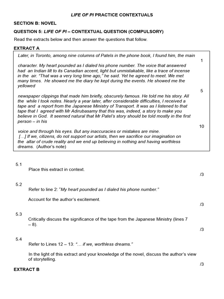'Life of Pi' Practice Contextuals | PDF