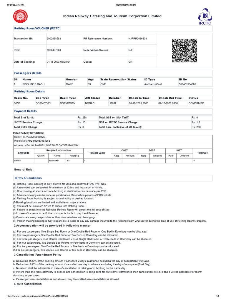 IRCTC Retiring Room | PDF | Dormitory | Payments