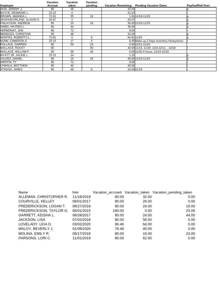 Employee Vacation Balance Overview | PDF