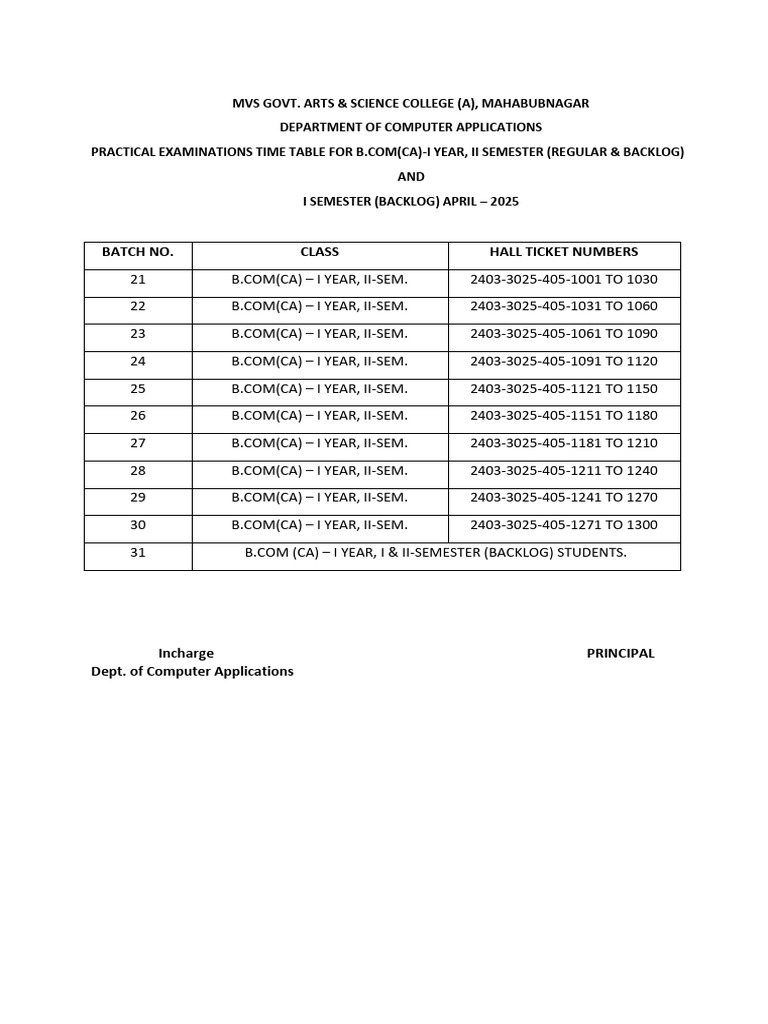 Practical Exam Time-Table For B.Com (CA) II, IV & VI-Semester, April-2025 | PDF