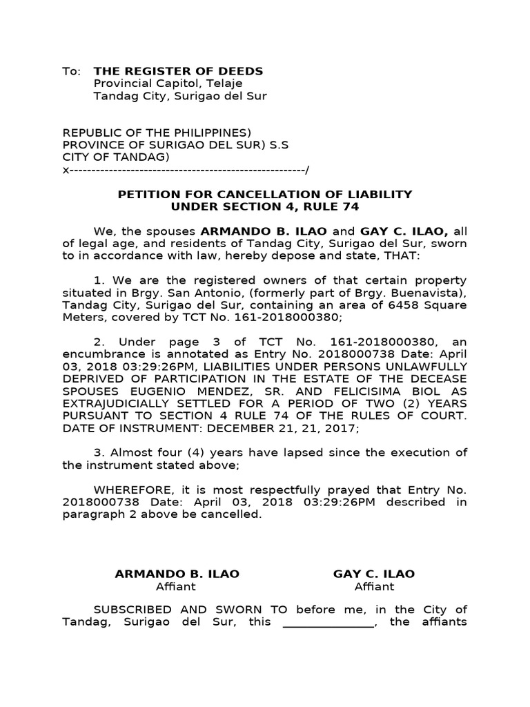 Petition to Cancel Rule 74 Liability | PDF