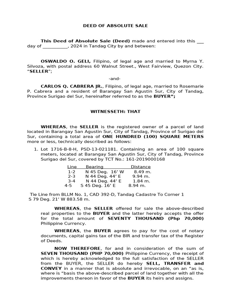 Deed of Absolute Sale (Cabrera) | PDF | Civil Law (Common Law ...