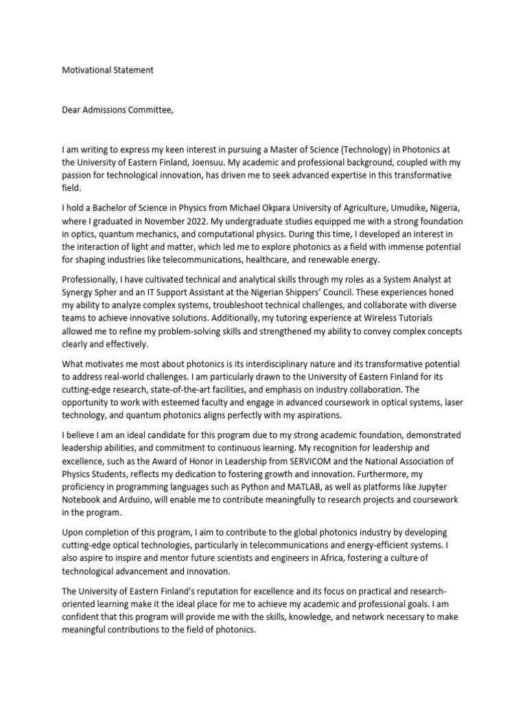 Motivational Statement | PDF | Photonics | Physics