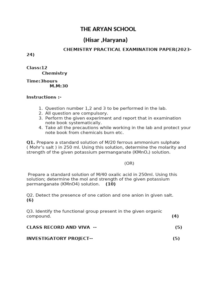 Chemistry Practical Exam Paper 2023-24 | PDF