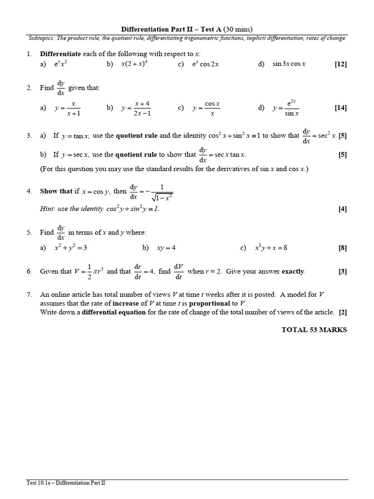 Differentiation Part II Test 10.1A | PDF | Trigonometric Functions ...