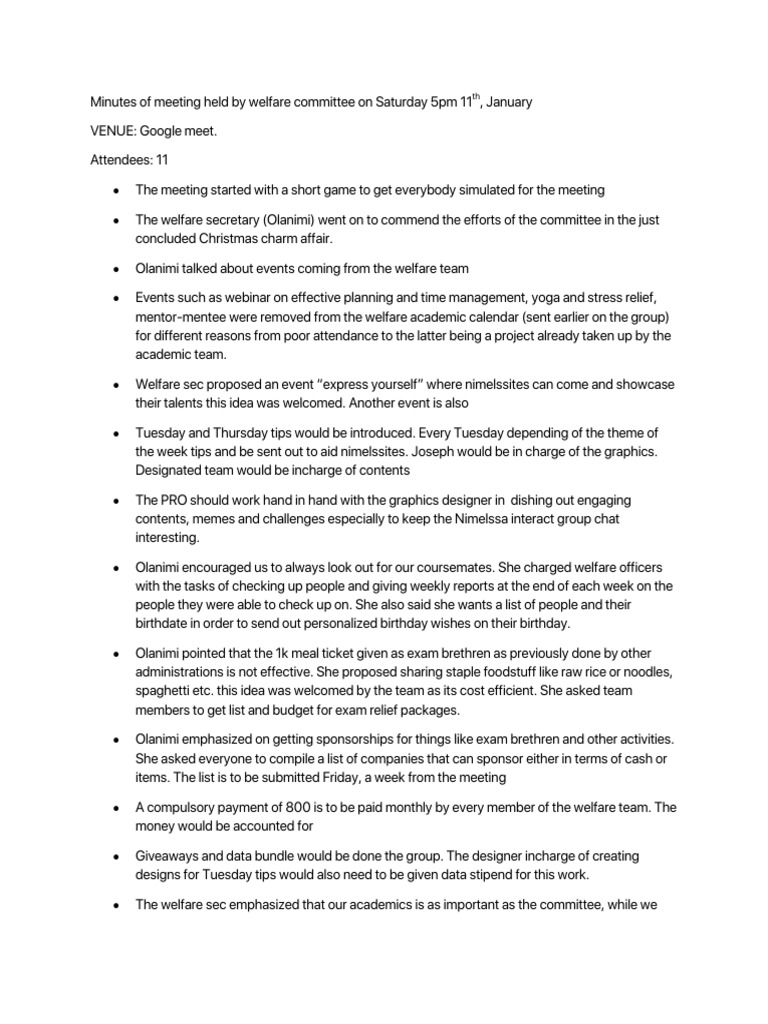 Minutes of Meeting Held by Welfare Team | PDF