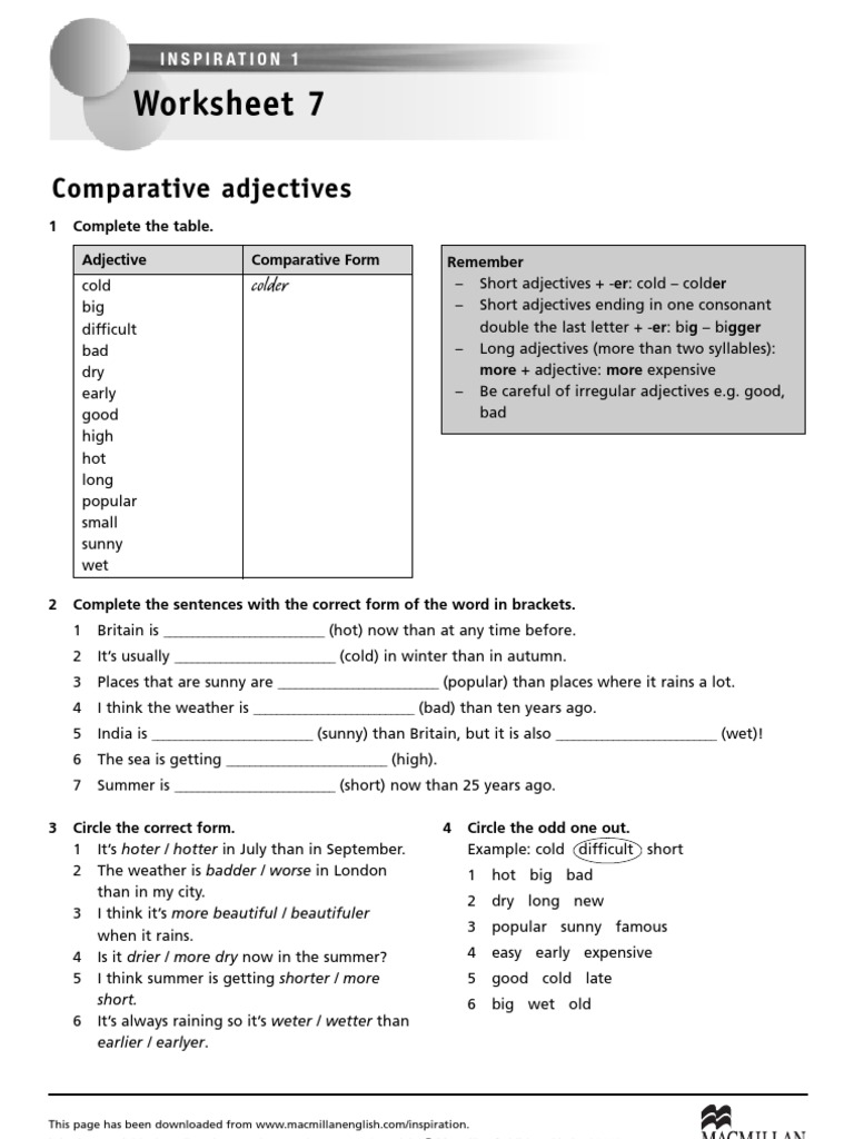Worksheet 7: Comparative Adjectives | PDF