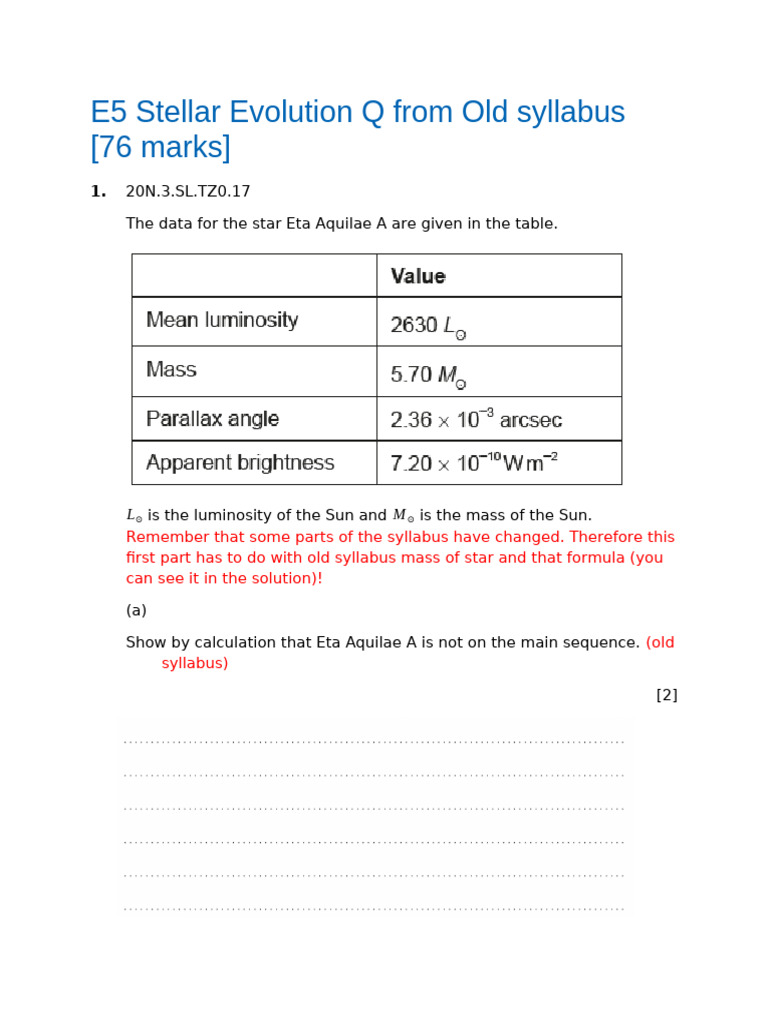E5 Stellar Evolution Q From Old Syllabus | PDF | Stars | Sun