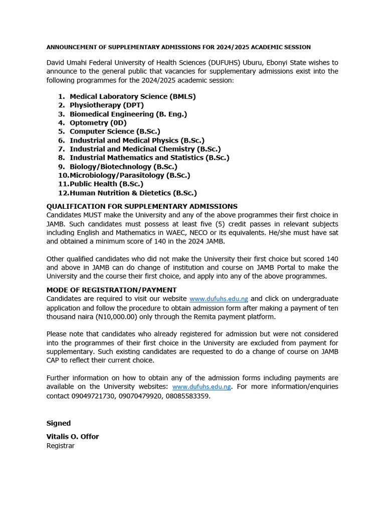 DUFUHS 2024/2025 Supplementary Admissions | PDF