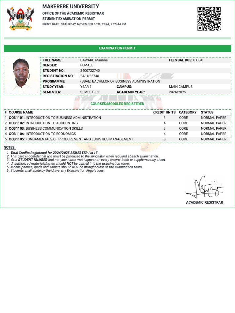 Student Examination Permit Details | PDF