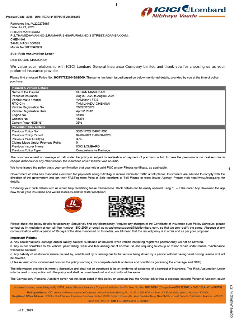 ICICI Lombard Two-Wheeler Insurance Policy | PDF | Insurance
