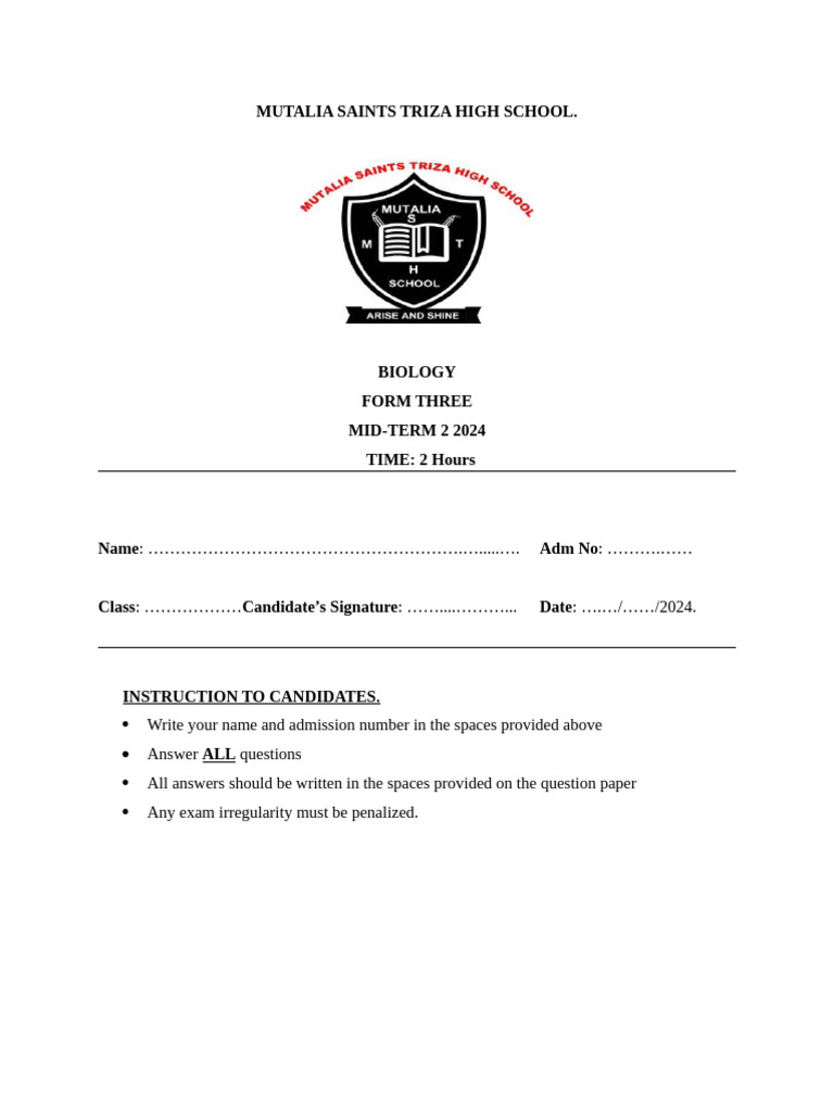 Biology f3 Mid-Term 2 2024 | PDF | Urine | Physiology