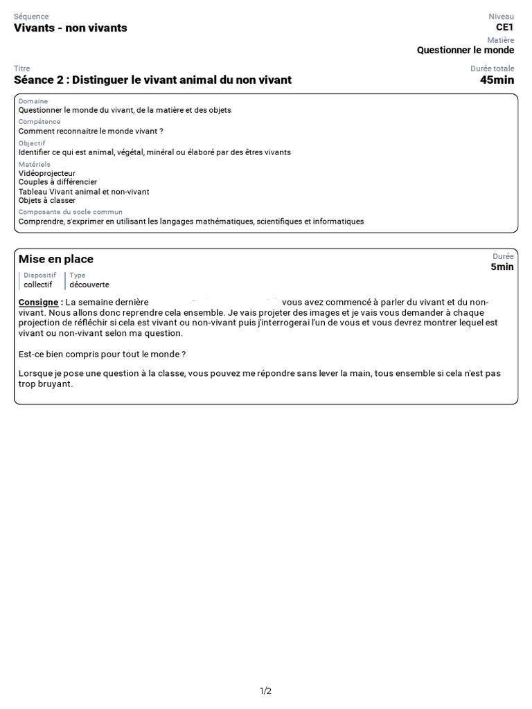 Corrigé de l'exercice vivant/non-vivant | PDF