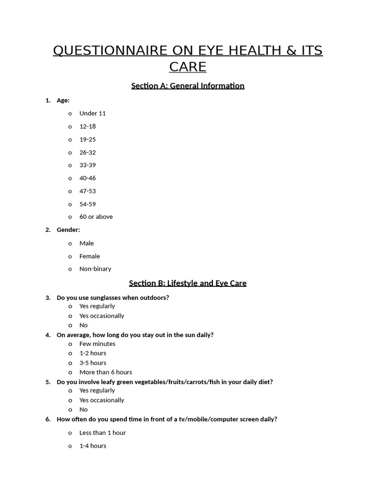 Questionnaire on eye health ^0 its care | PDF | Myopia | Visual Impairment