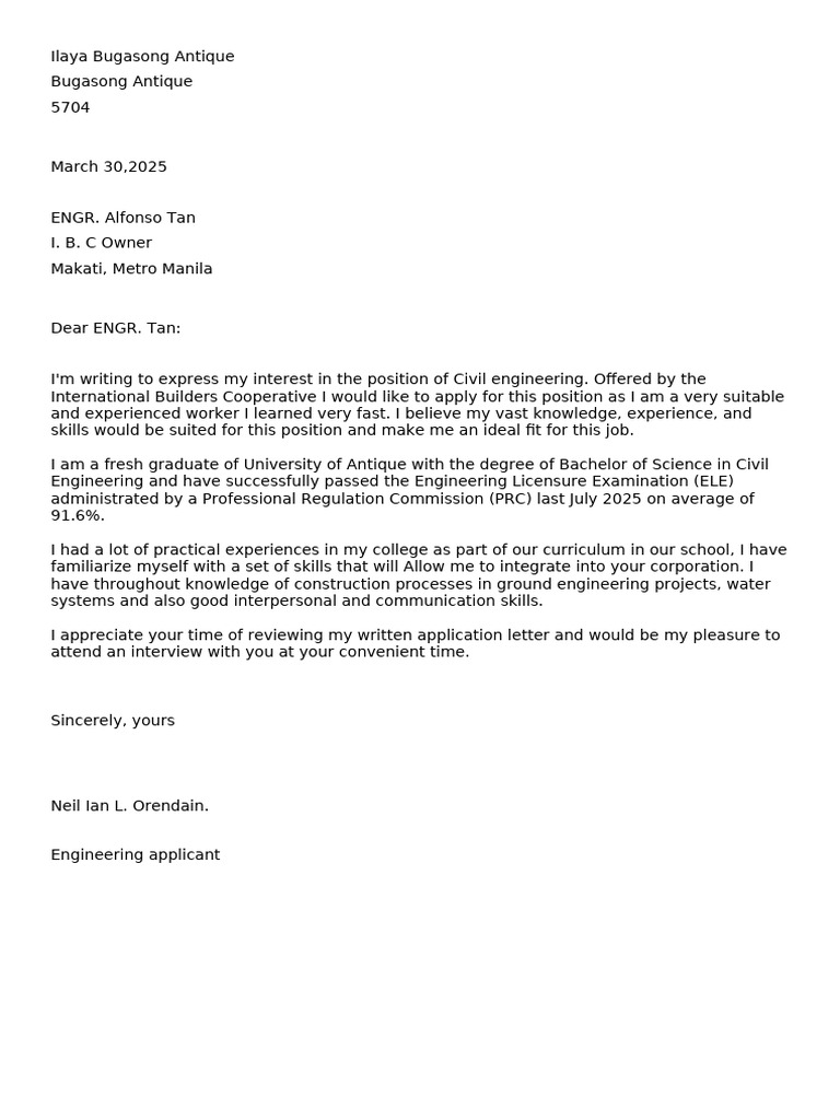 Civil Engineering Job Application Letter | PDF