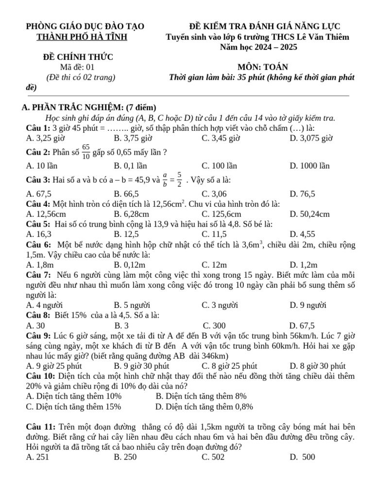 Đề Thi Toán LVT Năm Học 2024-2025 | PDF
